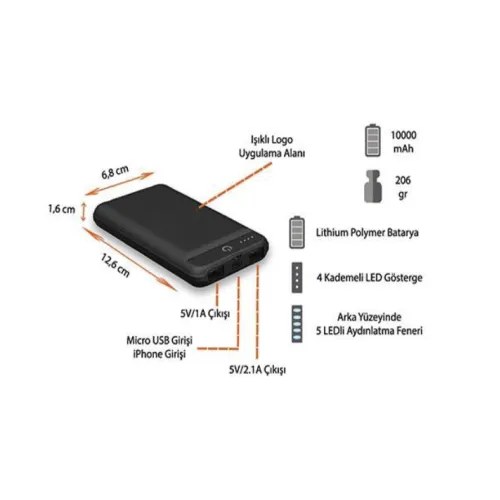 Led Logolu Powerbank - 10.000 mAh GML-C0255 | Gimel
